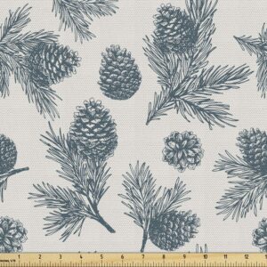 lunarable pine cone fabric by the yard, winter themed botanical pattern and needles branches print, decorative fabric for upholstery and home accents, 2 yards, pearl and slate blue