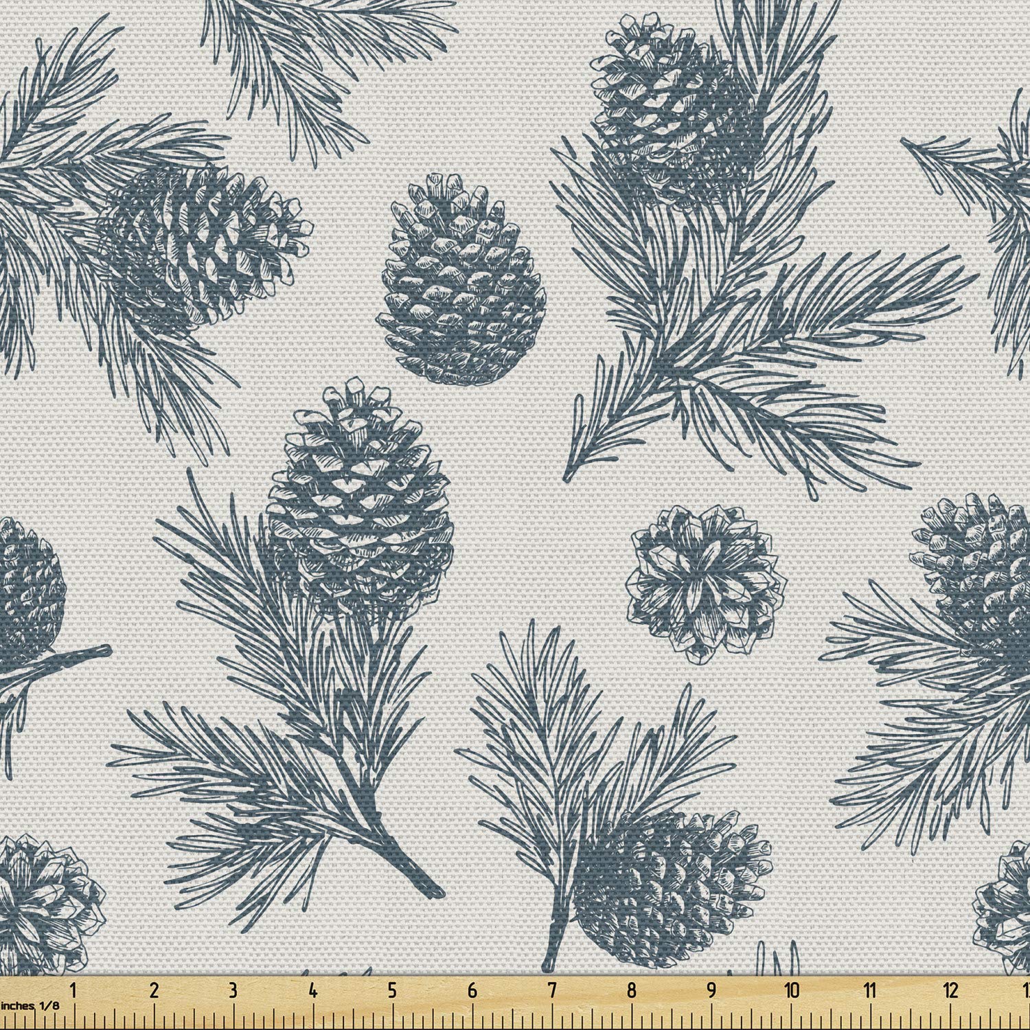 Lunarable Pine Cone Fabric by The Yard, Winter Themed Botanical Pattern and Needles Branches Print, Decorative Fabric for Upholstery and Home Accents, 2 Yards, Pearl and Slate Blue