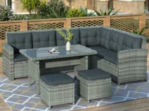 merax patio dining sets, pe rattan sectional outdoor patio furniture wicker sofa with 2 stools, tempered glass table & cushions, grey+dark grey