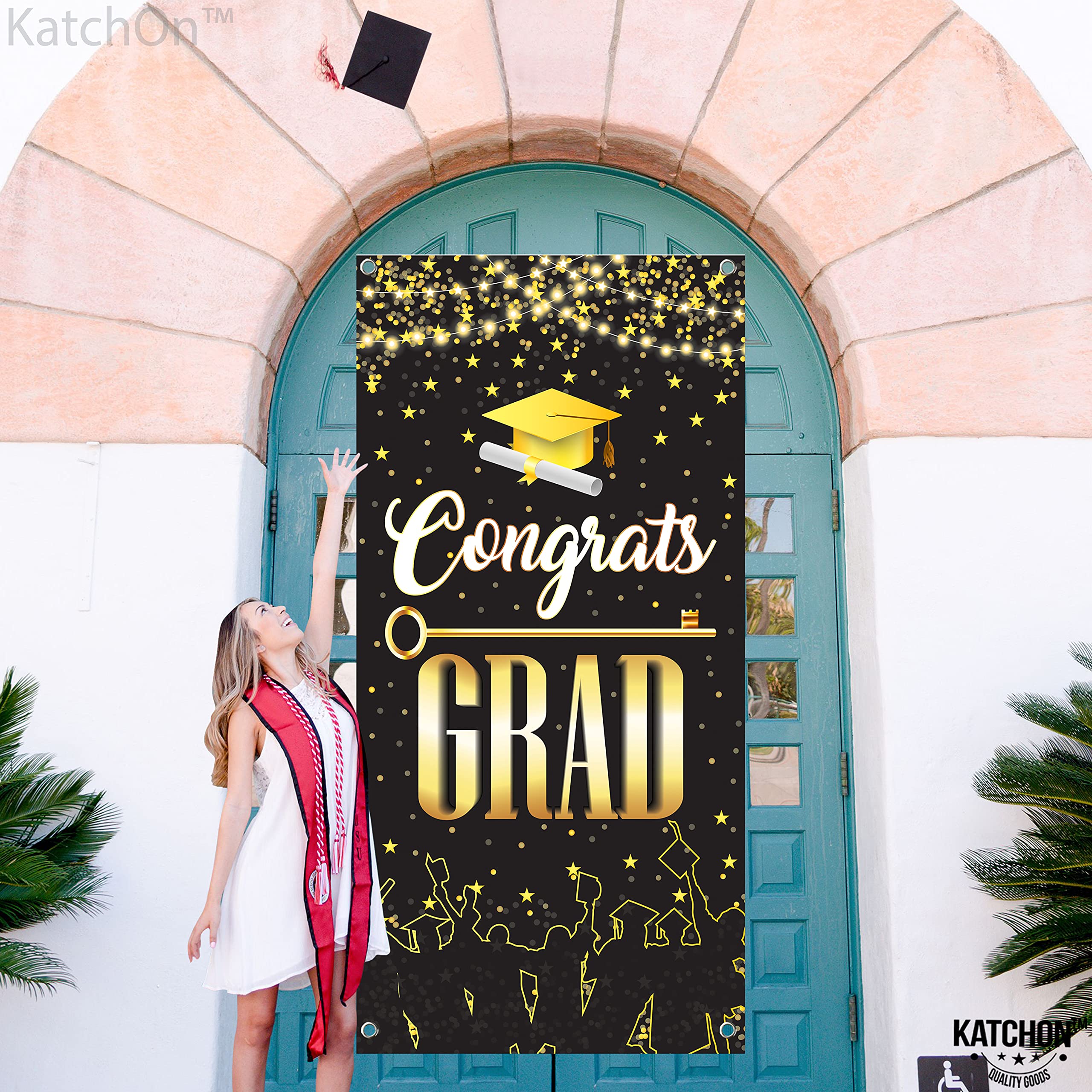 KatchOn, Congrats Grad Graduation Door Banner - Large, 74x36 Inch | Graduation Banner, Black and Gold Graduation Decorations Class of 2024 | Congrats Grad Banner for 2024 Graduation Party Decorations