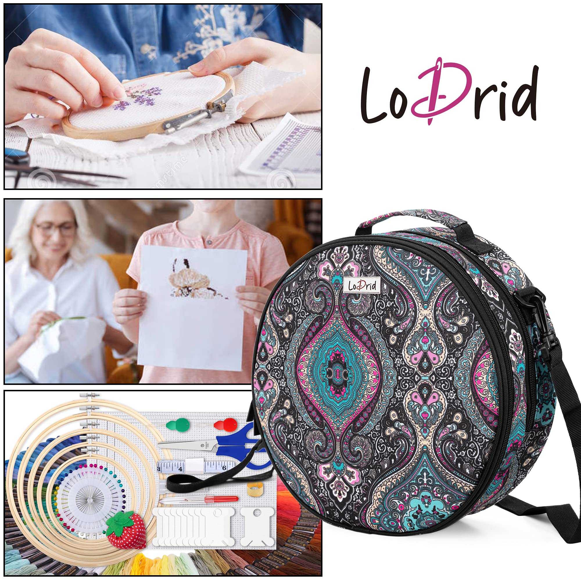 LoDrid Embroidery Bag, Double-Layer Round Embroidery Project Storage Bag for Storing Embroidery Kits and Cross Stitch Kits, with Handle and Shoulder Strap, Totem, Bag Only