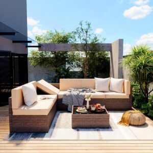 pamapic patio furniture set, 7 pieces modular outdoor sectional, patio sectional sofa conversation set, rattan sofa with coffee table and washable cushions covers, brown rattan and beige cushions