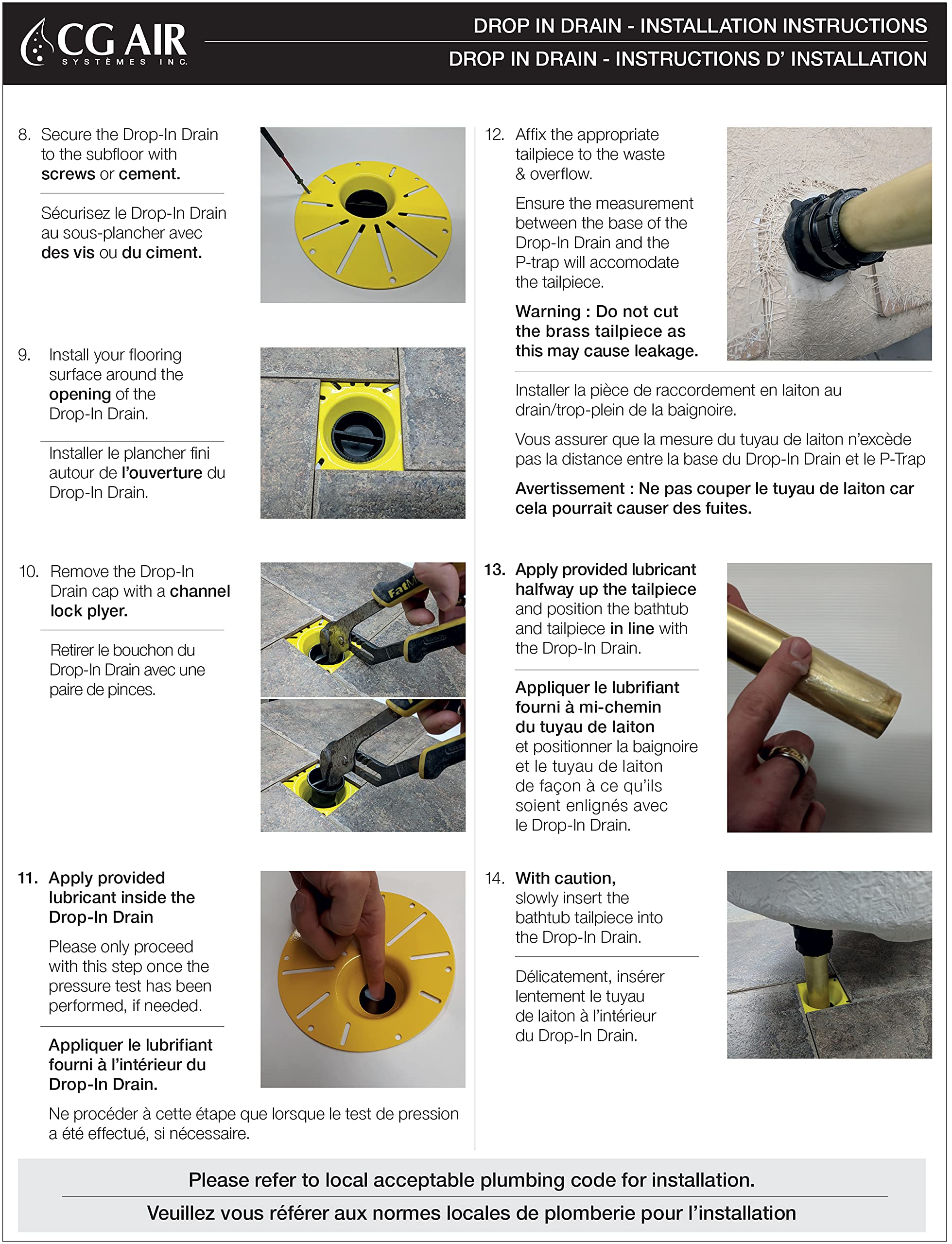 DROP-IN DRAIN Installation Kit for Freestanding Bathtub - with White PVC Pipe and brass pipes