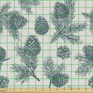 Lunarable Pine Cone Fabric by The Yard, Winter Themed Botanical Pattern and Needles Branches Print, Decorative Fabric for Upholstery and Home Accents, 2 Yards, Pearl and Slate Blue