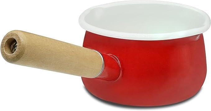 YumCute Home Enamel Milk Pan with Dual Pour Spout Butter Warmer Milk Pot for Stove Top Healthy White Enameled Inside Coating Iron 1QT Small Soup Pot with Wooden Handle Handy Pot (Red)