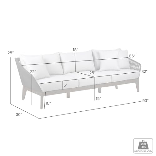 armen LIVING Athos Indoor Outdoor 3 Seater Sofa in Dark Eucalyptus Wood with Latte Rope and Grey Cushions