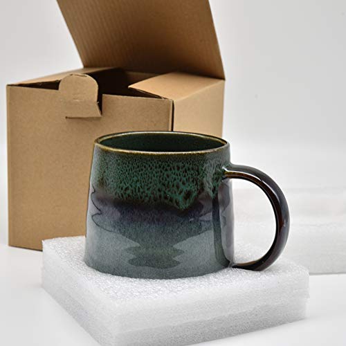 wewlink Large Ceramic Coffee Mug, Pottery Mug,Tea Cup for Office and Home,Handmade Pottery Coffee Mugs,16.5 Oz,Dishwasher and Microwave Safe,kiln altered glaze craft (Dark Green)