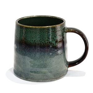 wewlink large ceramic coffee mug, pottery mug,tea cup for office and home,handmade pottery coffee mugs,16.5 oz,dishwasher and microwave safe,kiln altered glaze craft (dark green)