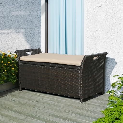 Iwicker Patio Wicker Storage Bench Outdoor Rattan Deck Box with Cushion, Beige