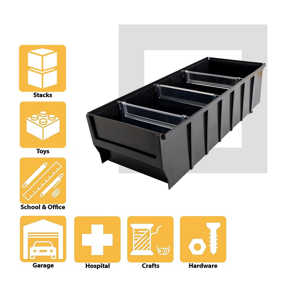 Storage Compat Storage Bin, Multibox RK401606 With 4 Dividers, Drawer Organizer, Multipurpose Plastic Stacking Container, Black, 16x4x6 Inches, Medium Size, 12 pack