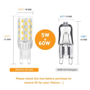 KLG G9 LED Light Bulb Dimmable 5W Natural White 4000K, 40W 60W Halogen Equivalent, G9 Bi Pin Base Base Bulbs, 500lm, AC 120V for Home Lighting, Pack of 5