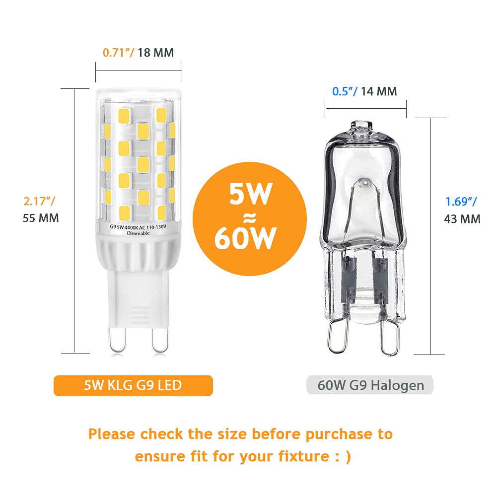 KLG G9 LED Light Bulb Dimmable 5W Natural White 4000K, 40W 60W Halogen Equivalent, G9 Bi Pin Base Base Bulbs, 500lm, AC 120V for Home Lighting, Pack of 5