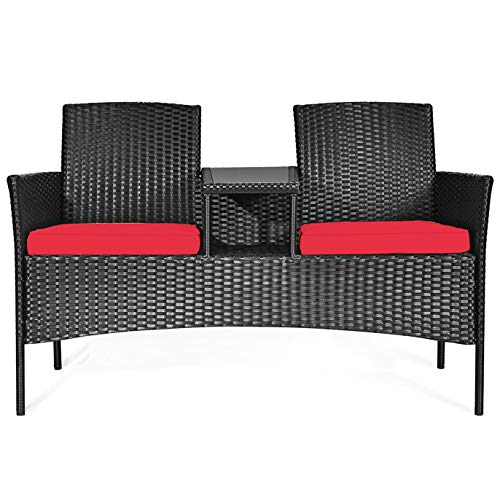 COOURIGHT Outdoor Loveseat, 2 Seats Chair with Table, Cushions, Tempered Glass Tabletop, Wicker Patio Conversation Furniture Set, Modern Rattan Sofa for Garden Lawn Backyard (Red)