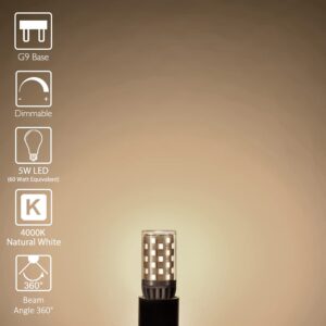 KLG G9 LED Light Bulb Dimmable 5W Natural White 4000K, 40W 60W Halogen Equivalent, G9 Bi Pin Base Base Bulbs, 500lm, AC 120V for Home Lighting, Pack of 5