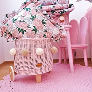 WIKLIBOX Rattan Pully Toy Basket - Handcrafted European Wicker Luggy Toy Storage - Natural, Durable & Stylish Organizer - Perfect for Kids' Rooms, Nurseries & Playrooms | Pink with Pom Poms