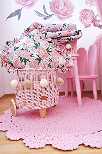 WIKLIBOX Rattan Pully Toy Basket - Handcrafted European Wicker Luggy Toy Storage - Natural, Durable & Stylish Organizer - Perfect for Kids' Rooms, Nurseries & Playrooms | Pink with Pom Poms