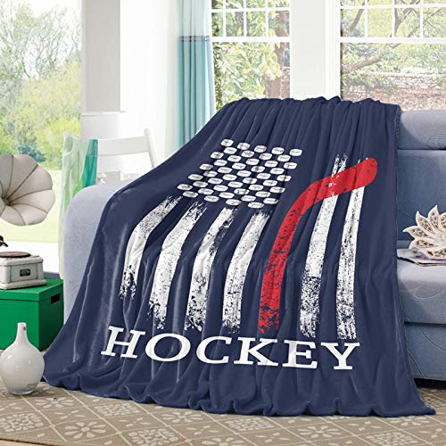 Winter Hockey Sport Soft Flannel Throw Blankets, America Flag Luxury Comfort Fleece Blanket for Teen/Man/Woman/Kid, Blue White Stripe 50x60in Cozy Warm Lightweight Bed Cover Sofa Couch Chair Decor