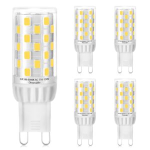 klg g9 led light bulb dimmable 5w natural white 4000k, 40w 60w halogen equivalent, g9 bi pin base base bulbs, 500lm, ac 120v for home lighting, pack of 5