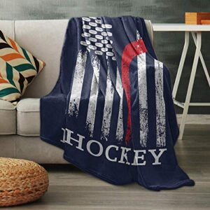 Winter Hockey Sport Soft Flannel Throw Blankets, America Flag Luxury Comfort Fleece Blanket for Teen/Man/Woman/Kid, Blue White Stripe 50x60in Cozy Warm Lightweight Bed Cover Sofa Couch Chair Decor