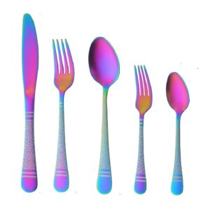 buyer star rainbow flatware cutlery silverware set 20 pieces, stainless steel titanium colorful utensils, cutlery set,tableware set, reusable, mirror polished, dishwasher safe