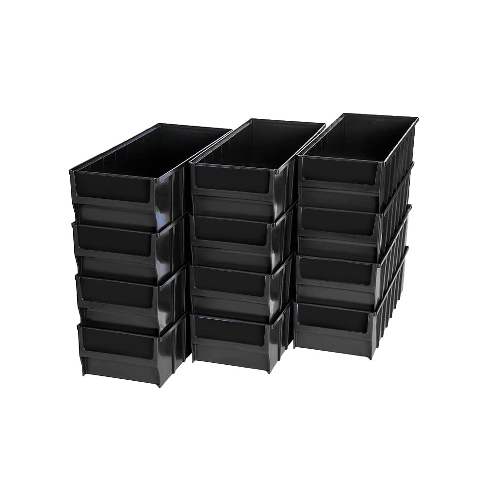 Storage Compat Storage Bin, Multibox RK401606 With 4 Dividers, Drawer Organizer, Multipurpose Plastic Stacking Container, Black, 16x4x6 Inches, Medium Size, 12 pack