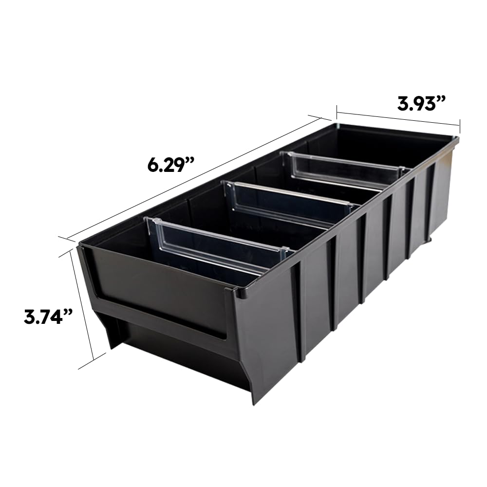 Storage Compat Storage Bin, Multibox RK401606 With 4 Dividers, Drawer Organizer, Multipurpose Plastic Stacking Container, Black, 16x4x6 Inches, Medium Size, 12 pack