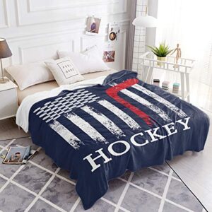 Winter Hockey Sport Soft Flannel Throw Blankets, America Flag Luxury Comfort Fleece Blanket for Teen/Man/Woman/Kid, Blue White Stripe 50x60in Cozy Warm Lightweight Bed Cover Sofa Couch Chair Decor