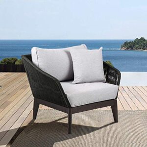 armen LIVING LCATCHWDDK Athos Indoor Outdoor Club Chair in Dark Eucalyptus Wood with Latte Rope and Grey Cushions, Gray