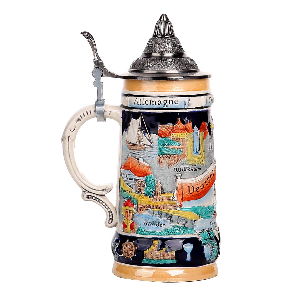 AEIDDRWAA 0.85L Beer Stein German Ceramic Mug Oktoberfest Tankard Eagle Deutschland Bierkrug Drinking Glass Horn Coffee Stine for Men Tankard Petwer Lid Germany Gifts Souvenirs Gift Box