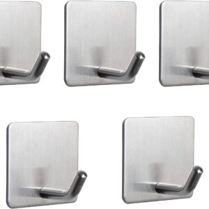 GOANDO 5 Pack Adhesive Hooks Heavy Duty Wall Hook Towel Hooks and Coat Hooks Stick on Cabinet Doors Stainless Steel Waterproof Self Adhesive Holders Kitchen