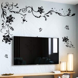 supzone flowers vine wall decals black flower wall stickers butterfly floral wall decor removable vinyl diy home wall art stickers for bedroom living room sofa backdrop tv wall decoration