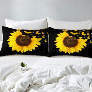 Erosebridal Sunflower Butterfly Duvet Cover King Size Girl Blooming Wild Flower Bedding Set Spring Plants Rustic Nature Kid Comforter Cover Yellow Floral Quilt Cover, Black Girly Room Decor