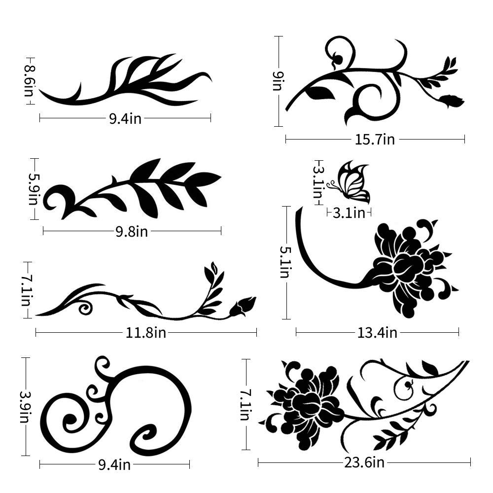 Supzone Flowers Vine Wall Decals Black Flower Wall Stickers Butterfly Floral Wall Decor Removable Vinyl DIY Home Wall Art Stickers for Bedroom Living Room Sofa Backdrop TV Wall Decoration