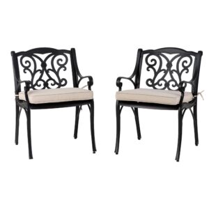 glitzhome elm plus set of 2 cast aluminium patio dining chairs with armrests outdoor chairs dining furniture, all weather frame with thick cushion for porch yard balcony kitchen, beige