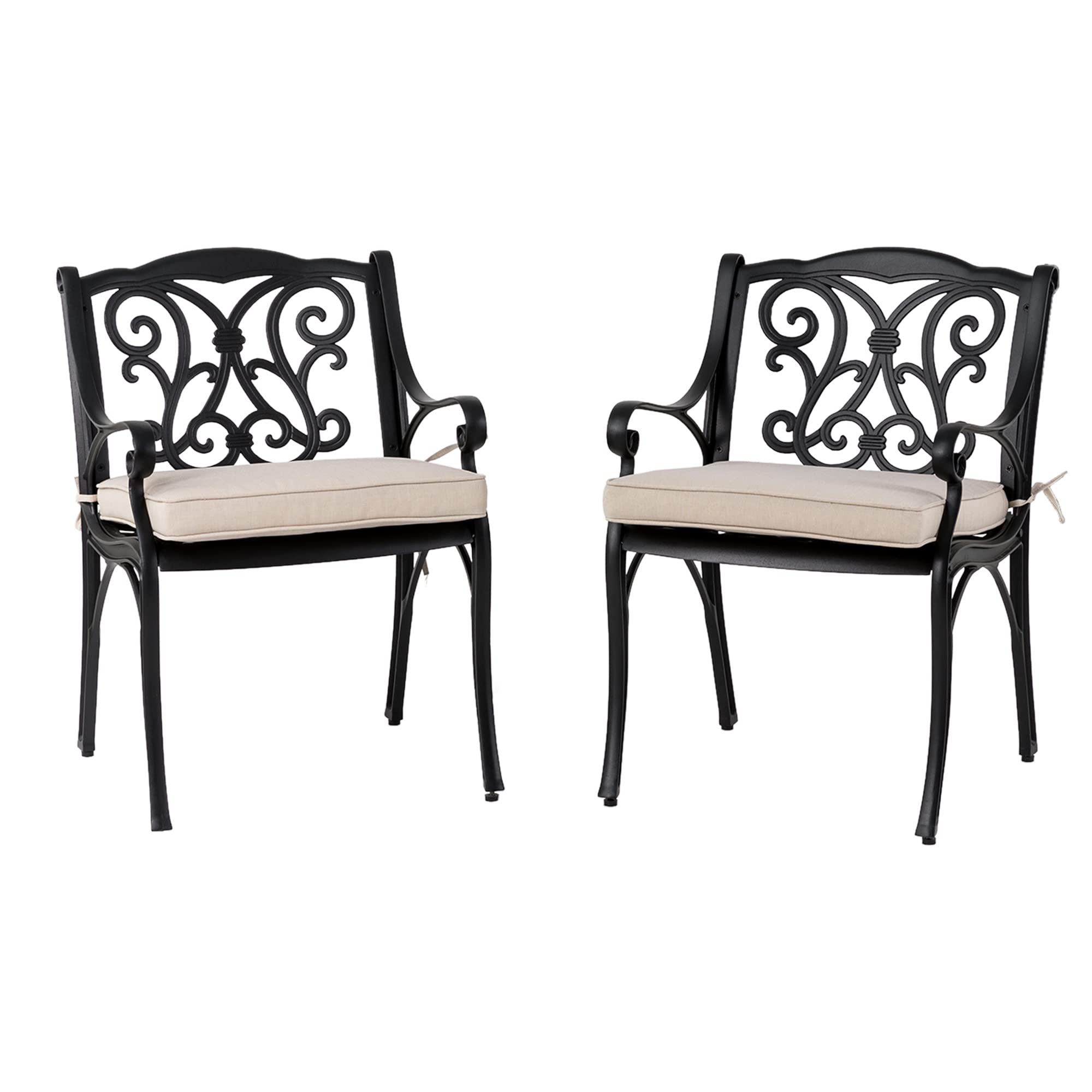 Glitzhome Elm Plus Set of 2 Cast Aluminium Patio Dining Chairs with Armrests Outdoor Chairs Dining Furniture, All Weather Frame with Thick Cushion for Porch Yard Balcony Kitchen, Beige