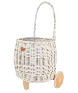 wiklibox rattan pully toy basket - handcrafted european wicker luggy toy storage - natural, durable & stylish organizer - perfect for kids' rooms, nurseries & playrooms | pink with pom poms