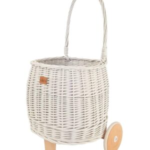 WIKLIBOX Rattan Pully Toy Basket - Handcrafted European Wicker Luggy Toy Storage - Natural, Durable & Stylish Organizer - Perfect for Kids' Rooms, Nurseries & Playrooms | Pink with Pom Poms