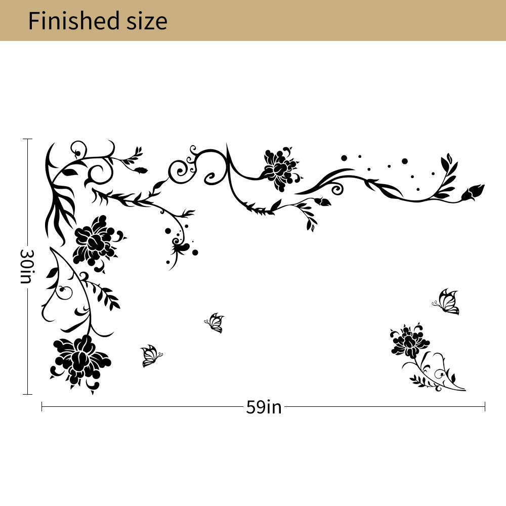 Supzone Flowers Vine Wall Decals Black Flower Wall Stickers Butterfly Floral Wall Decor Removable Vinyl DIY Home Wall Art Stickers for Bedroom Living Room Sofa Backdrop TV Wall Decoration