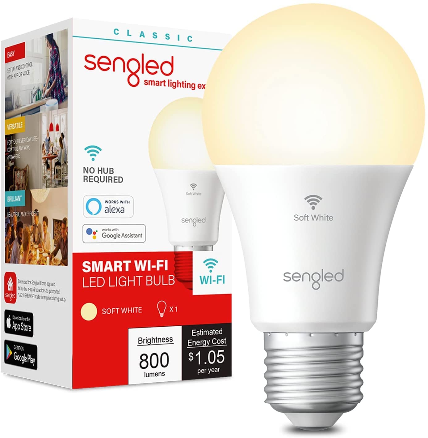 Sengled Smart Bulb, WiFi Light Bulbs, Dimmable Alexa Light Bulb, Smart Light Bulbs that Work with Alexa & Google Home, A19 Soft White (2700K) No Hub Required, 800LM 60W Equivalent High CRI>90, 1 Pack