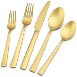 40-piece matte gold silverware set, e-far stainless steel flatware set service for 8, metal cutlery eating utensils tableware includes forks/spoons/knives, square edge