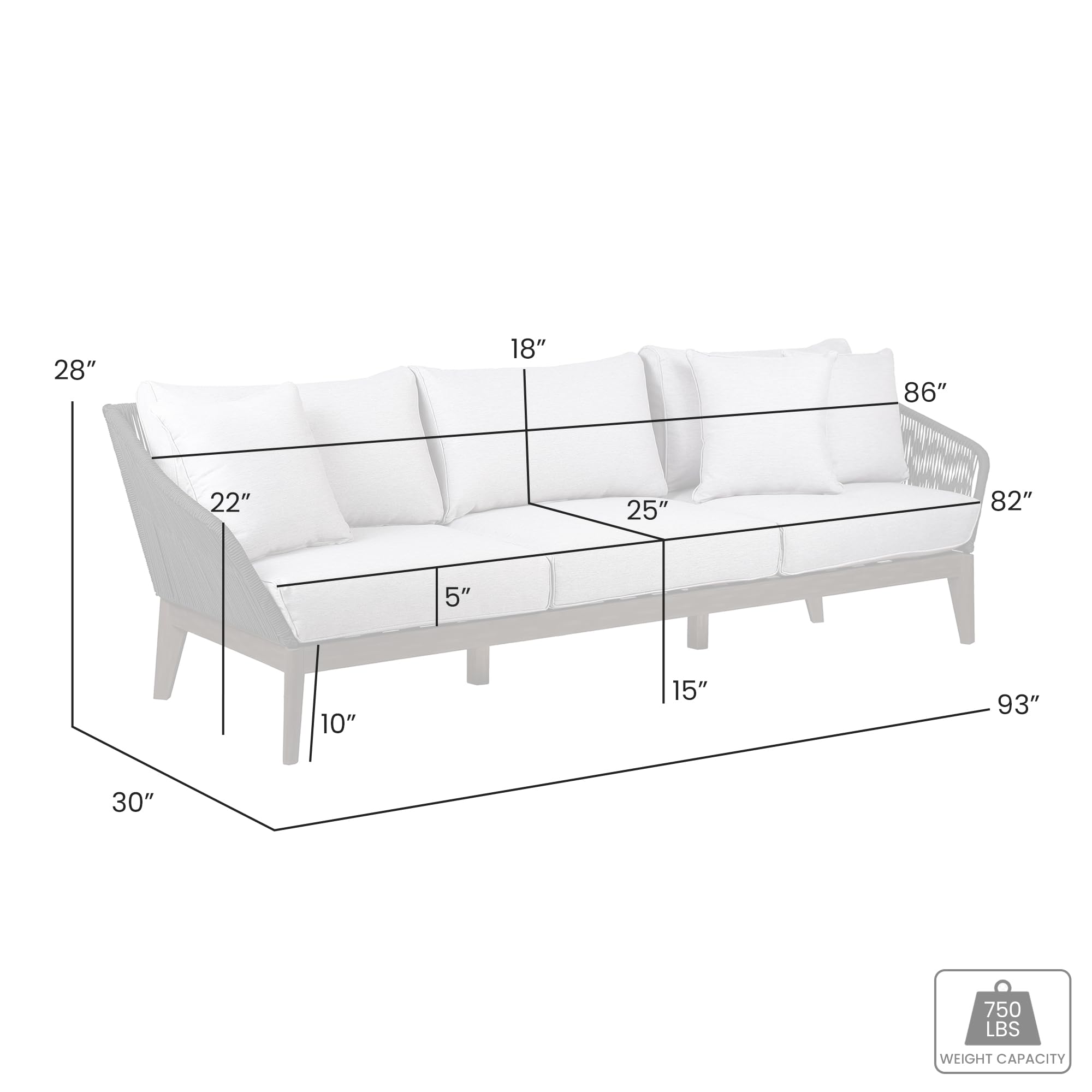 armen LIVING Athos Indoor Outdoor 3 Seater Sofa in Dark Eucalyptus Wood with Latte Rope and Grey Cushions