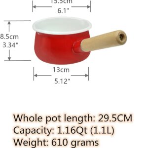 YumCute Home Enamel Milk Pan with Dual Pour Spout Butter Warmer Milk Pot for Stove Top Healthy White Enameled Inside Coating Iron 1QT Small Soup Pot with Wooden Handle Handy Pot (Red)