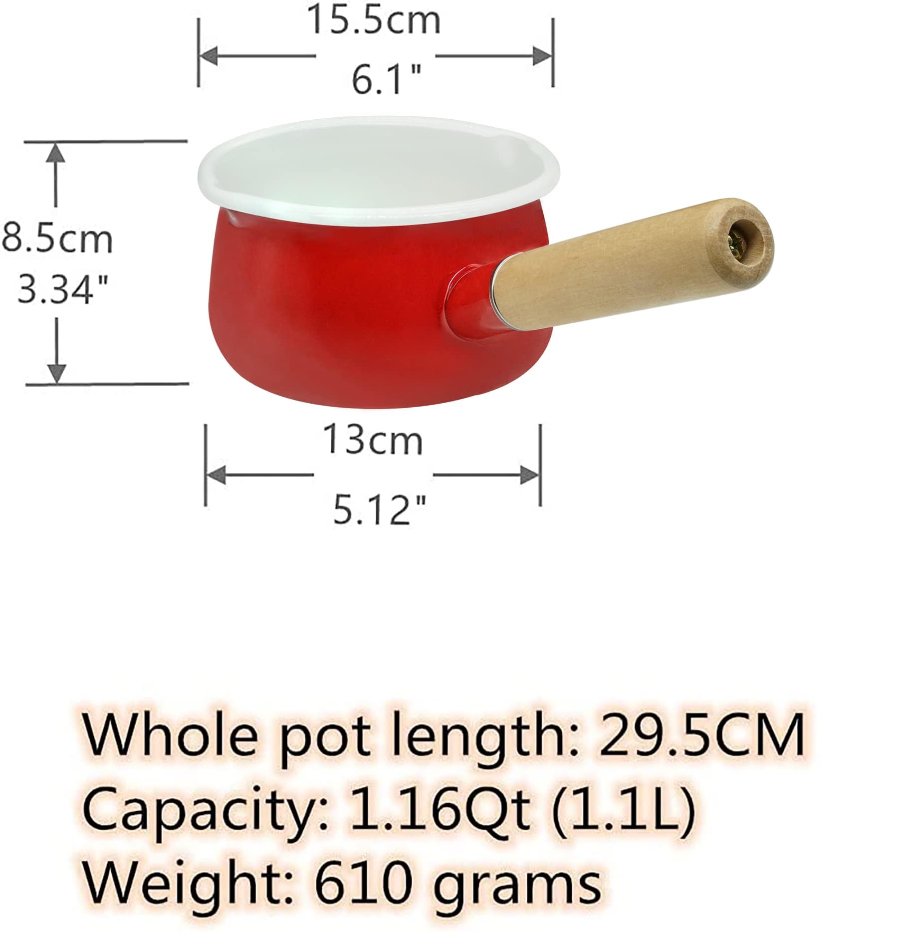 YumCute Home Enamel Milk Pan with Dual Pour Spout Butter Warmer Milk Pot for Stove Top Healthy White Enameled Inside Coating Iron 1QT Small Soup Pot with Wooden Handle Handy Pot (Red)