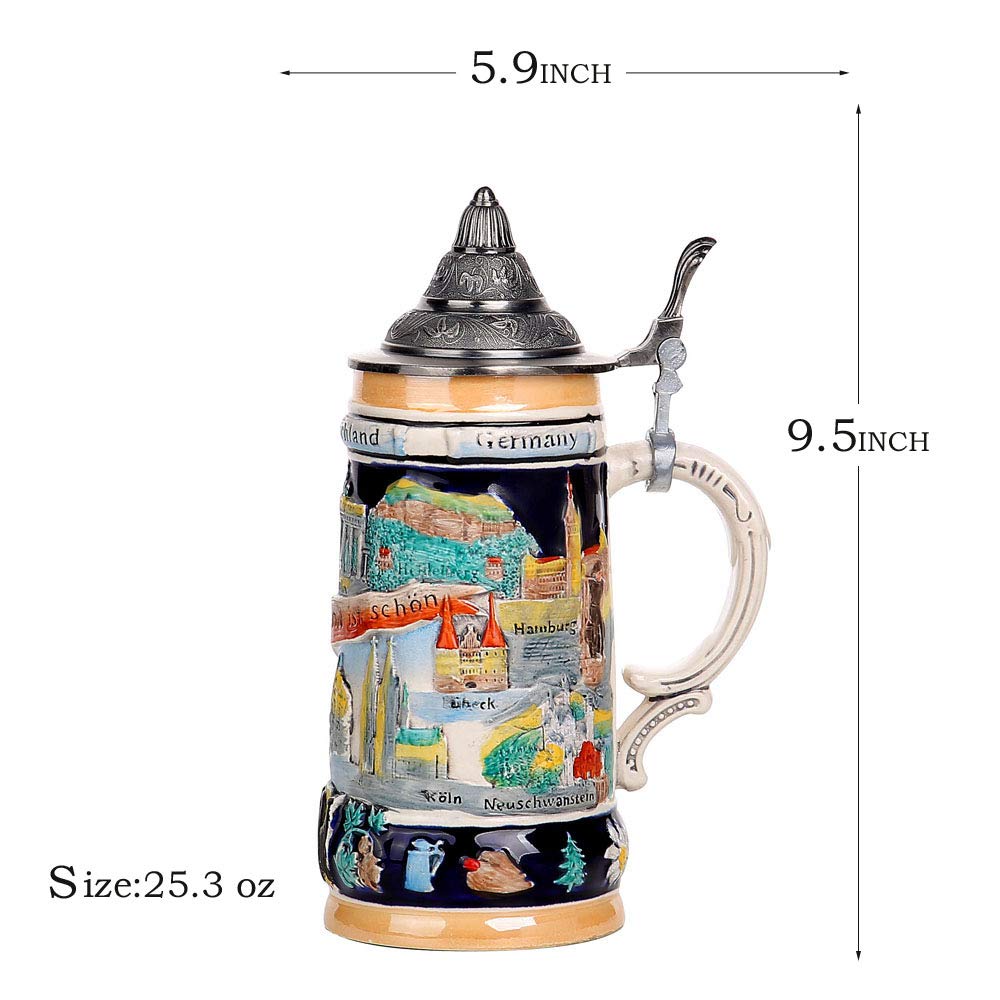 AEIDDRWAA 0.85L Beer Stein German Ceramic Mug Oktoberfest Tankard Eagle Deutschland Bierkrug Drinking Glass Horn Coffee Stine for Men Tankard Petwer Lid Germany Gifts Souvenirs Gift Box