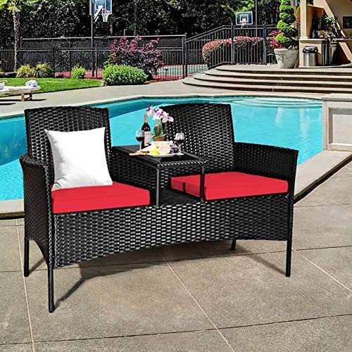 COOURIGHT Outdoor Loveseat, 2 Seats Chair with Table, Cushions, Tempered Glass Tabletop, Wicker Patio Conversation Furniture Set, Modern Rattan Sofa for Garden Lawn Backyard (Red)