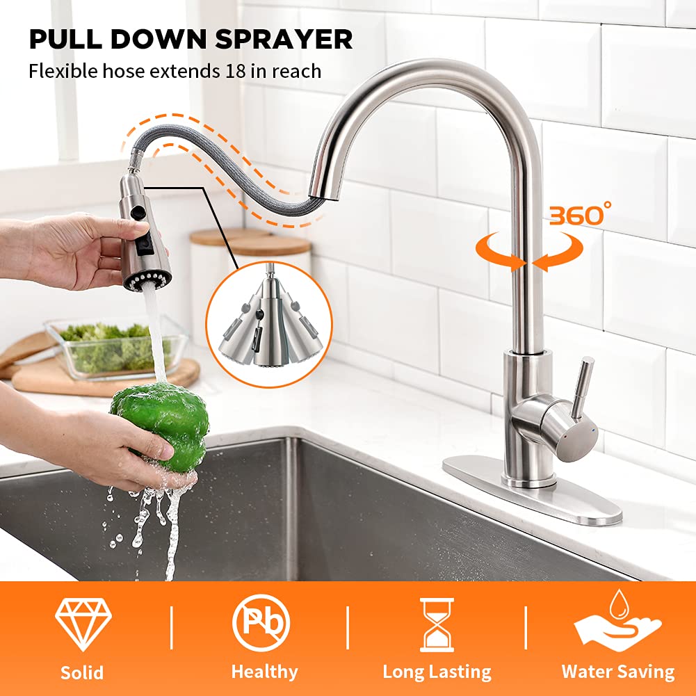 Brushed Nickel Kitchen Faucets with Pull Down Sprayer Kitchen Sink Faucet with Pull Out Sprayer Single Hole Deck Mount Single Handle Stainless Steel Grifos De Cocina 866068SN