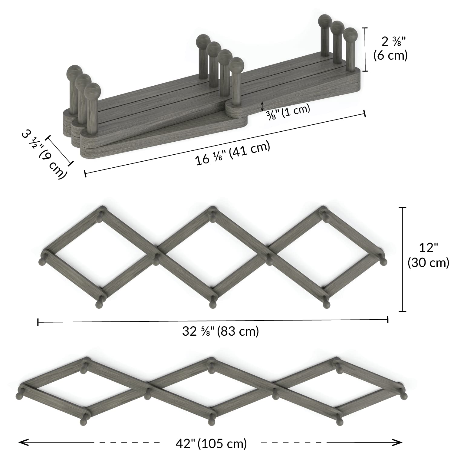 Ballucci Expandable Coat Rack Wall Mount, Adjustable Accordion Style 10 Peg Hanger - Brushed Gray