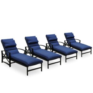 patiofestival patio chaise lounge set of 4 outdoor adjustable back cushioned chairs all weather steel frame lounger with blue pillow