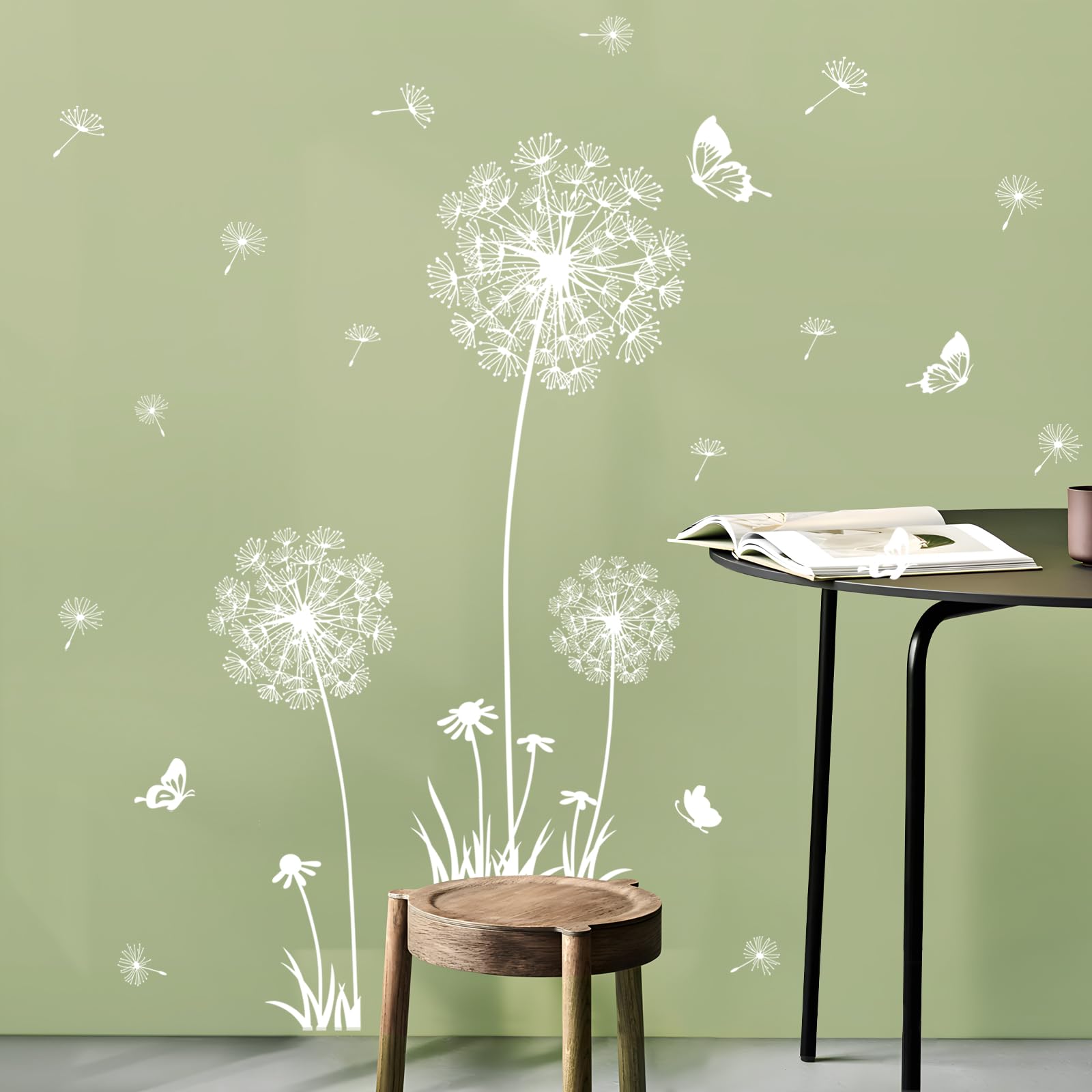 Supzone Dandelion Wall Stickers Flower Wall Decals Butterflies Flying Wall Decors Art Stickers for Bedroom Living Room Sofa Backdrop TV Wall Decor (White Dandelion)