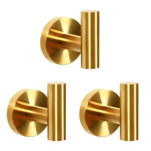 houseaid stainless steel towel hooks for bathroom modern heavy duty robe hook holder wall mounted brushed gold (3 pack)